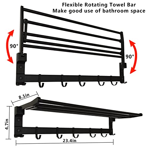 Towel Rack with Towel Bar for Bathroom Wall Mount,Foldable Toalla Holder with Hooks,Hotelier Rustproof Adjustable Bath Towels Shelf,No Drill,24 Inch Matte Black