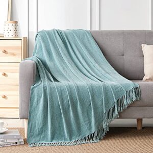 bourina chenille throw blanket with decorative fringe for couch sofa chair blanket (50×60 inches) aqua