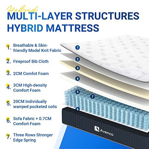 Avenco Queen Size Mattress, Queen Mattress in a Box, 10 Inch Hybrid Mattress Queen, Individually Pocketed Coils and Comfort Foam, Strong Edge Support, Medium Firm, CertiPUR-US, 100 Nights Trial