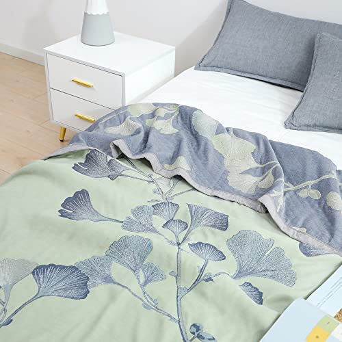 MODUSKYE Muslin Throw Blanket, Bohemian Throw Quilt 78 * 90 Inch Queen Cotton Ginkgo Pattern Ultra Soft Light Reversible Cozy Bedding Coverlet Sofa Throw(Green+Grey)