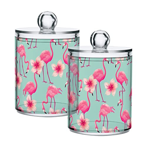 Sletend 2 Pack Plastic Qtips Holder Flamingo Flower Bathroom Container Storage Holder Vanity Canister Jar for Cotton Swabs,Bath Salts,Makeup Sponges,Hair Accessories