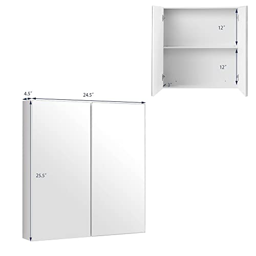 2 Tier Wall Mounted Bathroom Cabinet Storage with Mirror Doors White Modern Contemporary MDF Included