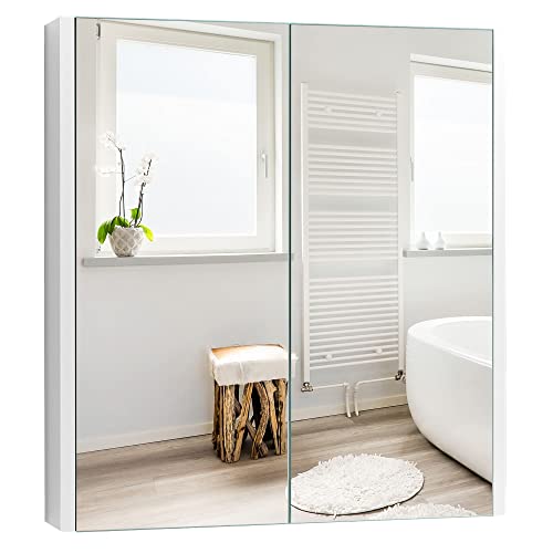 2 Tier Wall Mounted Bathroom Cabinet Storage with Mirror Doors White Modern Contemporary MDF Included