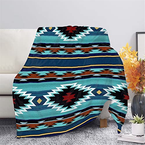 Frestree Soft Southwest Throw Blanket Aztec Tribal Throws Cover for Couch Chair Sofa Bed, Outdoor Beach Camping Warm Flannel Blankets, Blue Decorative