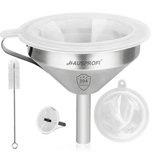 hausprofi stainless steel funnel, 5.1 inch 304 stainless steel kitchen funnel with 200 mesh food filter strainer,metal funnel for filling bottles transferring liquids, oil, making jam