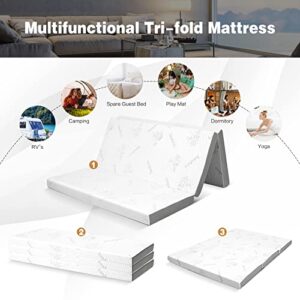 KOMFOTT 4” Tri-Folding Mattress with Storage Bag Queen Size, Cool Gel Memory Foam Mattress with Bamboo Cover, Portable Floor Mattress for RV’s, Camping, Sleepovers, Guest Room, CertiPUR-US Certified