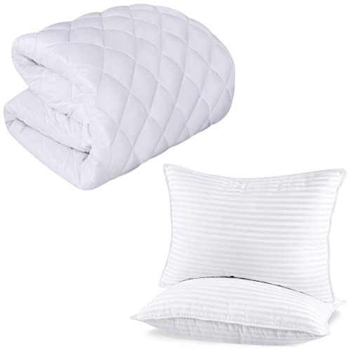 Utopia Bedding 1 Queen Quilted Fitted Mattress Pad with 2 Pack Queen Bed Pillows for Sleeping