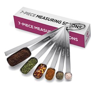 premium stainless steel measuring spoons set - 7-piece kitchen measuring spoons with leveler - slim design fits in spice jars - metal measuring spoon set for dry, liquid ingredients cooking & baking.