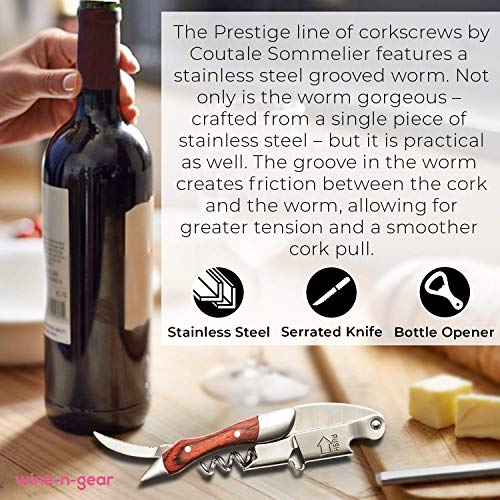 Prestige Waiters Wine Bottle Opener By Coutale Sommelier - Rosewood - French Patented Spring-Loaded Double Lever Wine Opener - Great Manual Corkscrew for Bartenders and Gifts