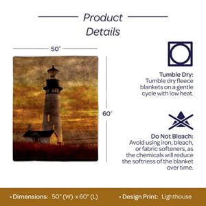 Bedford Home Sherpa Fleece Throw Blanket- Lighthouse Print Pattern, Lightweight Hypoallergenic Bed or Couch Soft Plush Blanket for Adults and Kids