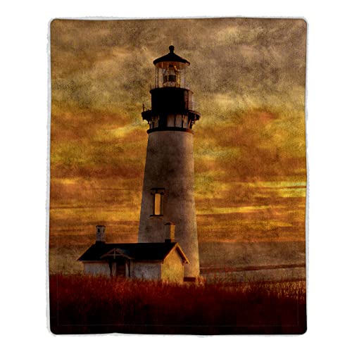 Bedford Home Sherpa Fleece Throw Blanket- Lighthouse Print Pattern, Lightweight Hypoallergenic Bed or Couch Soft Plush Blanket for Adults and Kids