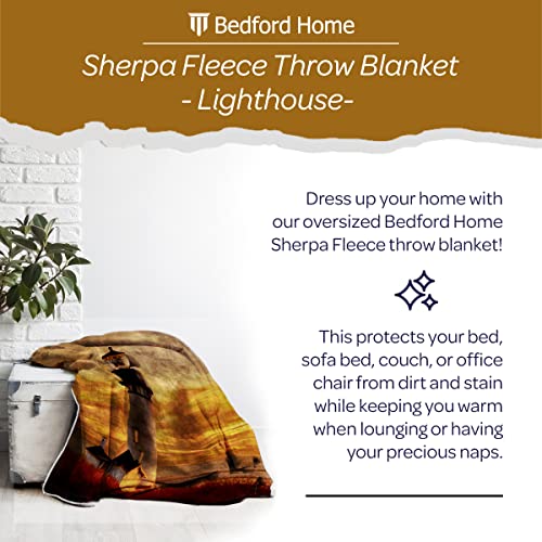 Bedford Home Sherpa Fleece Throw Blanket- Lighthouse Print Pattern, Lightweight Hypoallergenic Bed or Couch Soft Plush Blanket for Adults and Kids