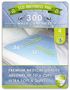 1 eco mattress protection pad. premium grade- waterproof sheet and mattress protector. 300 wash guarantee, 36” x 36”, light blue.