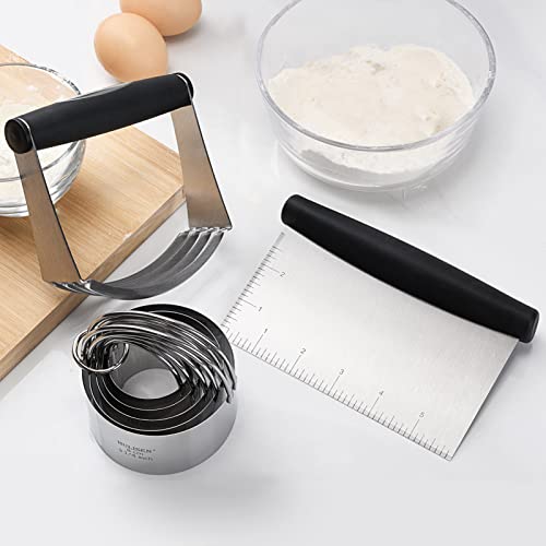 HULISEN Stainless Steel Pastry Scraper, Dough Blender & Biscuit Cutter Set (3 Pieces/ Set), Heavy Duty & Durable with Ergonomic Rubber Grip, Professional Baking Dough Tools, Gift Package