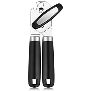 rainspire can opener manual handheld strong manual can opener smooth edge cut, can opener heavy duty, comfortable soft handle, built-in bottle opener, black