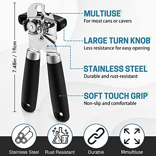 Rainspire Can Opener Manual Handheld Strong Manual Can Opener Smooth Edge Cut, Can Opener Heavy Duty, Comfortable Soft Handle, Built-in Bottle Opener, Black