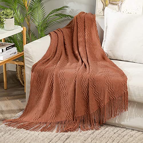 MIULEE Knitted Throw Blanket for Couch Textured Knit Rust Blanket with Tassels Cozy Woven Boho Bed Blanket for Sofa Bed Chair Wave Pattern Fall Decor 50"x60", Orange