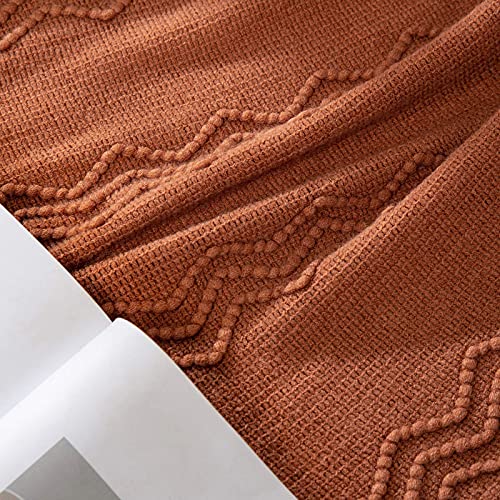 MIULEE Knitted Throw Blanket for Couch Textured Knit Rust Blanket with Tassels Cozy Woven Boho Bed Blanket for Sofa Bed Chair Wave Pattern Fall Decor 50"x60", Orange