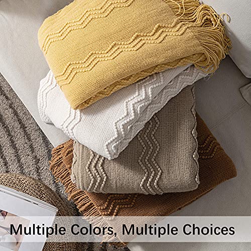 MIULEE Knitted Throw Blanket for Couch Textured Knit Rust Blanket with Tassels Cozy Woven Boho Bed Blanket for Sofa Bed Chair Wave Pattern Fall Decor 50"x60", Orange