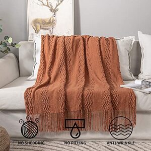 MIULEE Knitted Throw Blanket for Couch Textured Knit Rust Blanket with Tassels Cozy Woven Boho Bed Blanket for Sofa Bed Chair Wave Pattern Fall Decor 50"x60", Orange