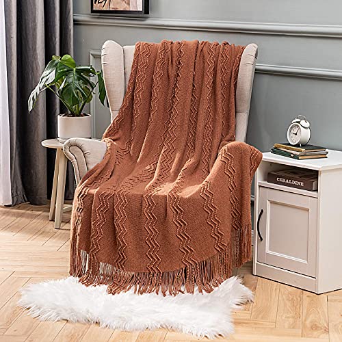 MIULEE Knitted Throw Blanket for Couch Textured Knit Rust Blanket with Tassels Cozy Woven Boho Bed Blanket for Sofa Bed Chair Wave Pattern Fall Decor 50"x60", Orange