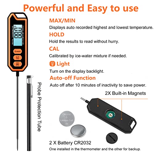 BOMATA Waterproof IPX7 Thermometer with 5.4" Super Long Probe. Instant Read Thermometer for Food, Liquid, Candle, Cooking and BBQ ! with Backlight, Calibration, Auto Recording Function. T201A