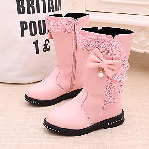 Lykmera Lace Boots for Baby Girl Fashion Winter Boots for Girl Kids Boots Shoes Princess Knee Bowkont Shoes Slip on Boots (Pink, 10.5-11 Years Big Kids)