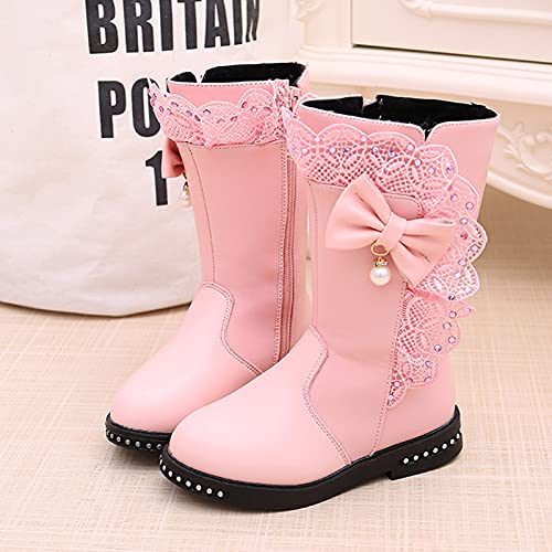 Lykmera Lace Boots for Baby Girl Fashion Winter Boots for Girl Kids Boots Shoes Princess Knee Bowkont Shoes Slip on Boots (Pink, 10.5-11 Years Big Kids)