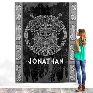 Personalized Custom Name Viking Odin The Northern God Celtic Raven Scandinavian Norse Runes Helmet Sign Birthday Christmas Fleece Sherpa Blanket Bed Throw Size Tapestry Wall Hanging (Version 3)