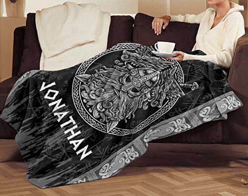 Personalized Custom Name Viking Odin The Northern God Celtic Raven Scandinavian Norse Runes Helmet Sign Birthday Christmas Fleece Sherpa Blanket Bed Throw Size Tapestry Wall Hanging (Version 3)