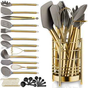 gold kitchen utensils set, berglander 38 pieces non-stick silicone cooking utensils set, kitchen tools set, spoon spatula set with sturdy stainless steel utensil holder, dishwasher safe