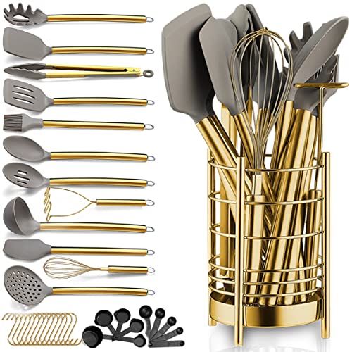 Gold Kitchen Utensils Set, Berglander 38 Pieces Non-stick Silicone Cooking Utensils Set, Kitchen Tools Set, Spoon Spatula Set With Sturdy Stainless Steel Utensil Holder, Dishwasher Safe