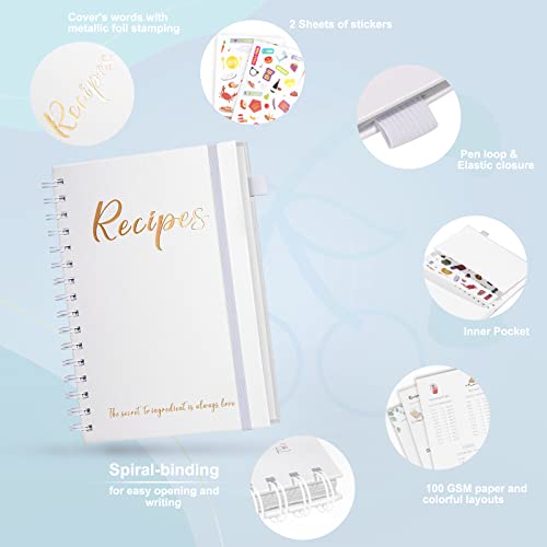 JUBTIC Recipe Book to Write in Your Own Recipes,Sprial Hardcover Personal Blank Recipe Book, Make Your Own Family Cookbook with Gold Foil Stickers, Recipe Notebook Hold 120 recipes - Pearl