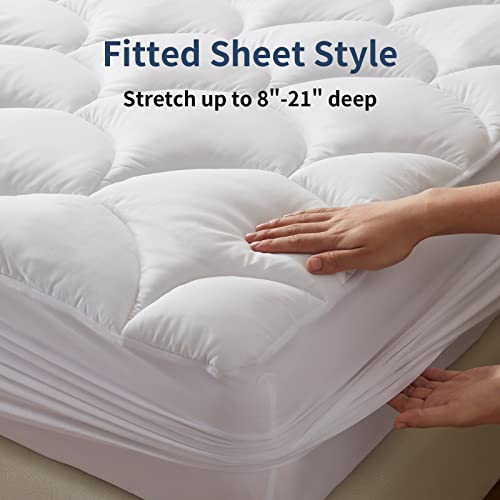 Full Size Mattress Pad,Soft Quilted Fitted Mattress Pad Cover, Plush Soft Pillowtop Mattress Topper with Elastic Overfilled Down Alternative Filling(8-21”Deep Pocket)