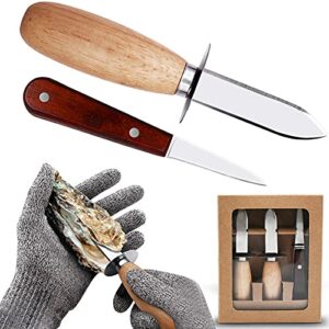 amourate oyster shucking knife oyster knife, set of 3 oyster shucker with premium wood-handle and 1 pairs level 5 protection gloves, knife and glove set for seafood lovers (3knifes+1glove)