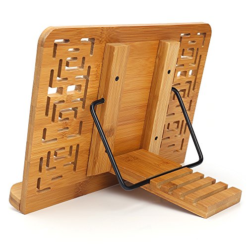 wishacc Bamboo Book Stand Reading Rest Holder Cookbook Cook Stand/Foldable Tablet PC Textbook/Music Document Stand/Desk Bookrest with Retro Hollow Elegant Pattern