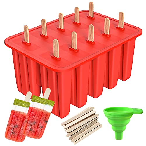 Ouddy Popsicles Molds, 10 Cavities Food Grade Popsicle Maker with 50 Popsicle Sticks & 1 Silicone Funnel, Silicone Popsicle Molds for Kids, Frozen Ice Pop Mold for Homemade Popsicles