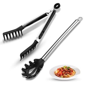 2 pieces spaghetti spoon and pasta tong,non-stick 13-inch silicone spaghetti fork and 9.8-inch stainless steel handle spaghetti tong food clip for spaghetti noodle