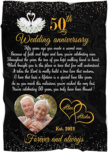 Personalized Golden Wedding Throw Blanket Custom Photo 50th Wedding Anniversary Blanket for Wife Husband Happy 50th Anniversary Wedding Gifts for Parents