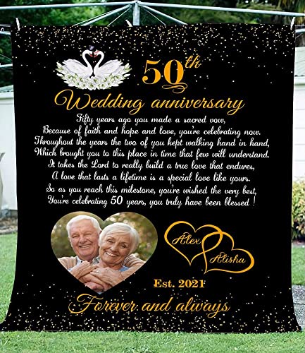 Personalized Golden Wedding Throw Blanket Custom Photo 50th Wedding Anniversary Blanket for Wife Husband Happy 50th Anniversary Wedding Gifts for Parents