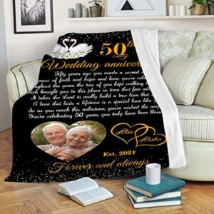 Personalized Golden Wedding Throw Blanket Custom Photo 50th Wedding Anniversary Blanket for Wife Husband Happy 50th Anniversary Wedding Gifts for Parents