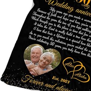 Personalized Golden Wedding Throw Blanket Custom Photo 50th Wedding Anniversary Blanket for Wife Husband Happy 50th Anniversary Wedding Gifts for Parents