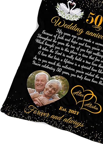 Personalized Golden Wedding Throw Blanket Custom Photo 50th Wedding Anniversary Blanket for Wife Husband Happy 50th Anniversary Wedding Gifts for Parents