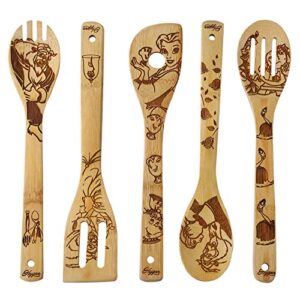 beauty and the beast burned wooden spoons cooking &serving utensils set bamboo spoon slotted kitchen utensil fun gift idea warming present (set of 5)