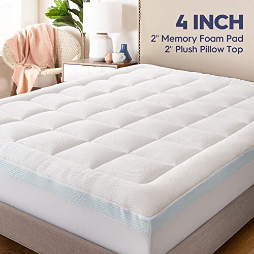 ELEMUSE Dual Layer 4 Inch Memory Foam Mattress Topper Queen Size, 2 Inch Cooling Gel Memory Foam Plus 2 Inch Bamboo Pillow Top Cover, Comfort Support Back Pain Relief