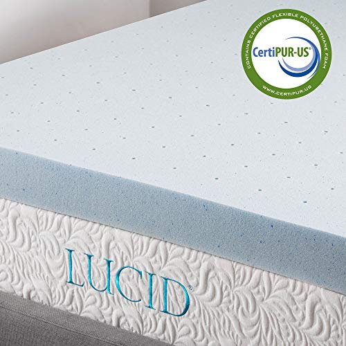 LUCID 4 Inch Gel Memory Foam Mattress Topper-Ventilated Design-Ultra Plush-Queen, Blue