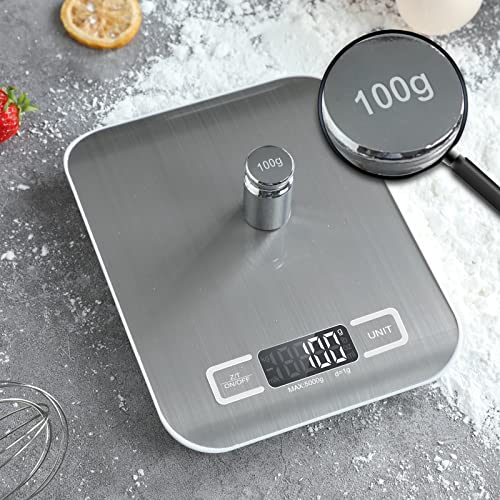 Digital Kitchen Scale,Food Scale for Meat Baking Weight,Unit Gram OZ lb Up 11 lb(1g-5KG),Silver Stainless Steel Anti-Fingerprint with Accuracy LCD Display for Cooking Black(Include AAA Battery)