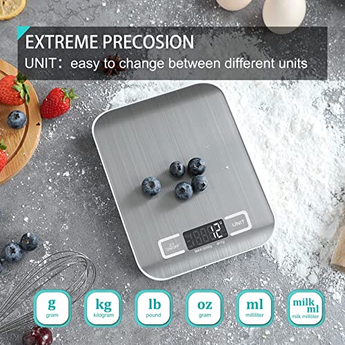 Digital Kitchen Scale,Food Scale for Meat Baking Weight,Unit Gram OZ lb Up 11 lb(1g-5KG),Silver Stainless Steel Anti-Fingerprint with Accuracy LCD Display for Cooking Black(Include AAA Battery)