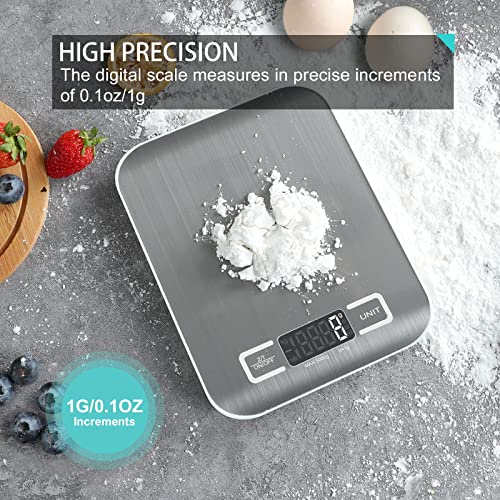 Digital Kitchen Scale,Food Scale for Meat Baking Weight,Unit Gram OZ lb Up 11 lb(1g-5KG),Silver Stainless Steel Anti-Fingerprint with Accuracy LCD Display for Cooking Black(Include AAA Battery)