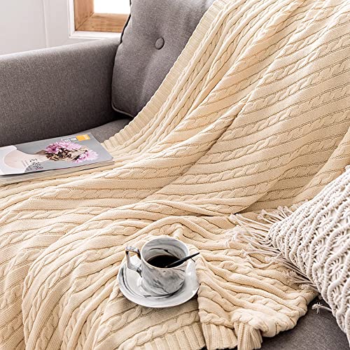 Cable Knit Throw Blankets for Couch Sofa and Bed, Soft Cozy Cotton Knitted Blanket Lightweight Decorative Blankets Home Decor Knit Throw Blankets for Women Gift 50 x 70 inches